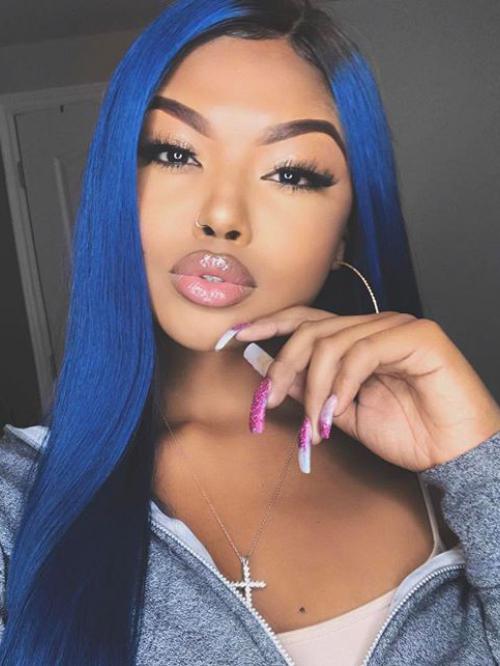 Custom Blue Straight Full Lace Human Hair Wig-WC056 - Home - DivasWigs.com