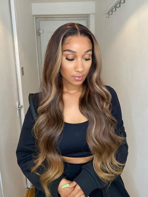 LIGHT BROWN WITH HIGHLIGHT HUMAN HAIR 4' PARTING SPACE LACE FRONT WIG ...